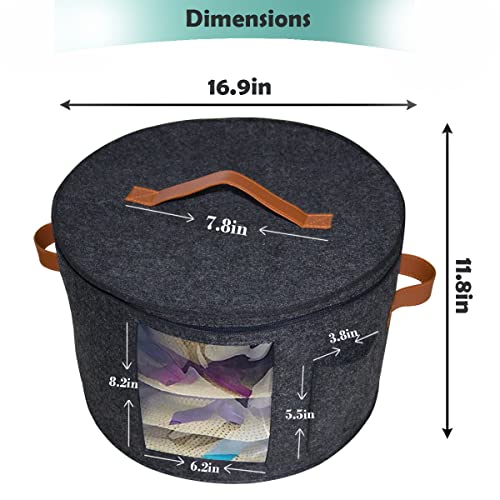 Hat Storage Box for Women and Men, 17"D Large Hat Box with Dustproof Lid & Clear Window, Felt Round Foldable Hat Box Travel Case Portable Hat Organizer Container, Stuffed Animal Toy Storage -Dark Grey