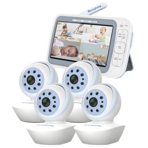 Moonybaby 5" 720p HD Quad Screen Baby Monitor with 4 Remote Pan and Tilt Cameras for 4 Rooms, QuadView 60, Noise Reduction Technology with 20 Days Long Battery Life