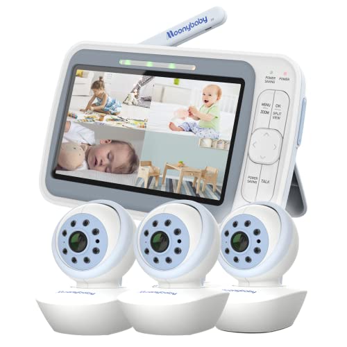 Moonybaby EMF Reduction Baby Monitor with 3 Remote Pan and Tilt Cameras for 3 Rooms, QuadView 60, No WiFi, 5" 720p HD Quad View Screen, 20 Days Stand-by Battery Life, Room Temperature Display