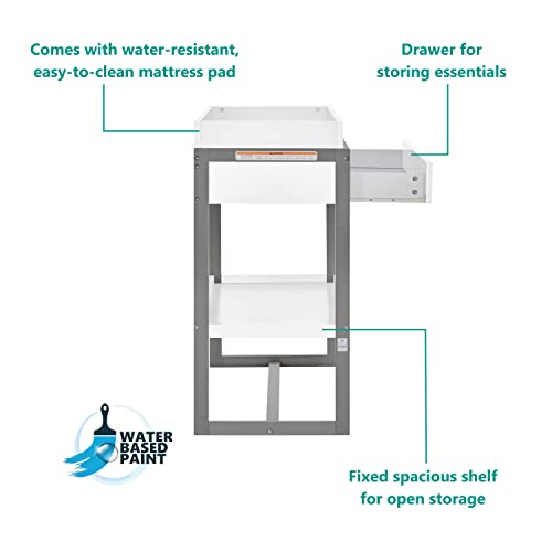 Dream On Me Arlo Changing Table in Steel Grey, Made of Solid New Zealand Pinewood, Non-Toxic Finish, Comes with Water Resistant Mattress Pad & Safety Strap