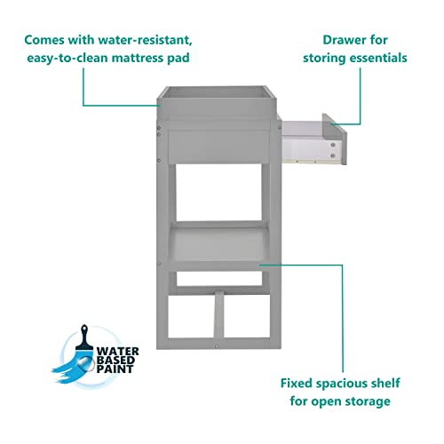 Dream On Me Arlo Changing Table in Pebble Grey, Made of Solid New Zealand Pinewood, Non-Toxic Finish, Comes with Water Resistant Mattress Pad & Safety Strap