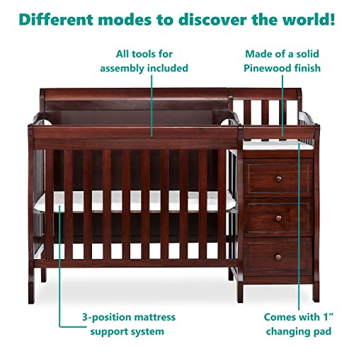 Dream On Me Jayden 4-in-1 Full Panel Mini Convertible Crib and Changer in Espresso, Non-Toxic Finish, Made of Solid Pinewood, 3-Position Mattress Support System, Comes with 1'' Changing Pad