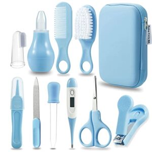 pandaear baby healthcare and grooming kit, baby safety set baby comb, brush, finger toothbrush, nail clippers, scissors, nasal aspirator, baby essentials nursery care kit (blue)