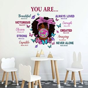 Mfault Black Girl Magic You are Beautiful Inspirational Wall Decals Stickers, Religious Quote Lollipop Butterfly Nursery Decoration African American Bedroom Art, Positive Afro Kid Teen Room Home Decor