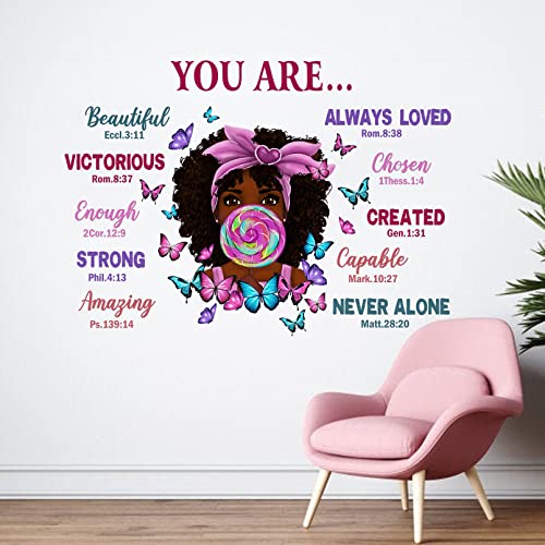 Mfault Black Girl Magic You are Beautiful Inspirational Wall Decals Stickers, Religious Quote Lollipop Butterfly Nursery Decoration African American Bedroom Art, Positive Afro Kid Teen Room Home Decor