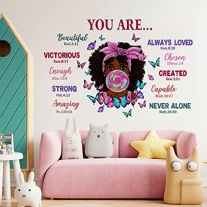 Mfault Black Girl Magic You are Beautiful Inspirational Wall Decals Stickers, Religious Quote Lollipop Butterfly Nursery Decoration African American Bedroom Art, Positive Afro Kid Teen Room Home Decor