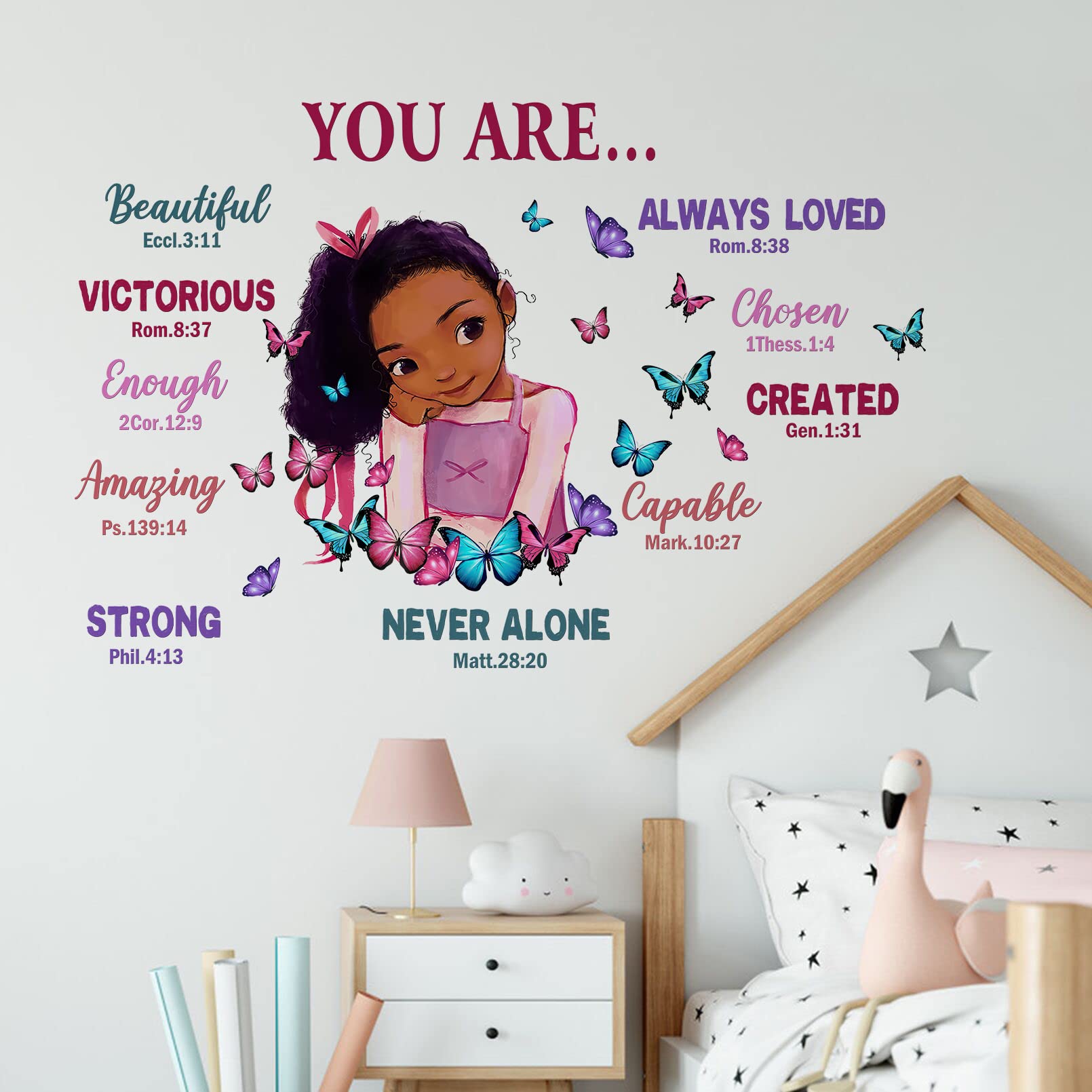 Yovkky Black Girl Religious Butterfly Wall Decal Sticker, Positive Saying African American You are Beautiful Nursery Decor, Inspirational Home Afro Kid Room Decoration Bedroom Playroom Art Gift