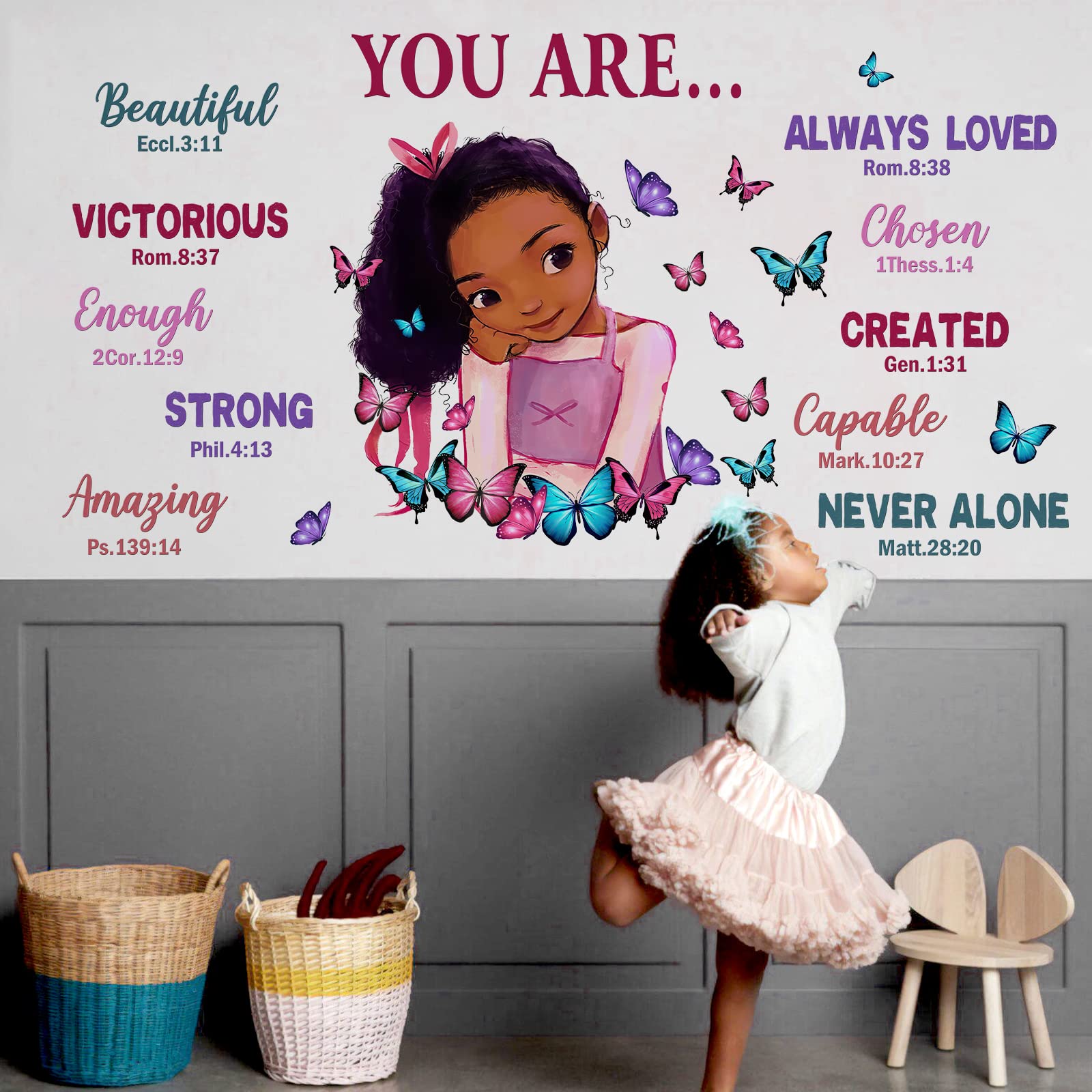 Yovkky Black Girl Religious Butterfly Wall Decal Sticker, Positive Saying African American You are Beautiful Nursery Decor, Inspirational Home Afro Kid Room Decoration Bedroom Playroom Art Gift