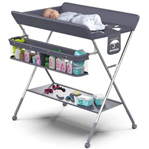 babylicious baby portable changing table - foldable changing table with wheels - portable diaper changing station - adjustable height baby changing table-safety belt and large storage rack for infants