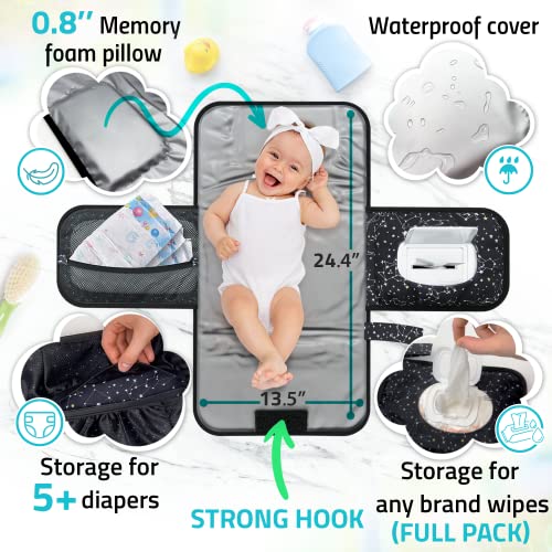 Portable Baby Diaper Changing Pad - w/Soft Built-in Pillow & Strap for Strollers - Comfortable, Lightweight & Waterproof - Made with Premium Materials - Great for Newborn Girls & Boys & for Travel