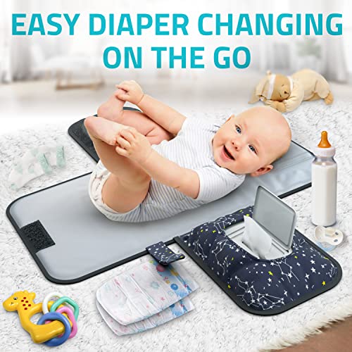 Portable Baby Diaper Changing Pad - w/Soft Built-in Pillow & Strap for Strollers - Comfortable, Lightweight & Waterproof - Made with Premium Materials - Great for Newborn Girls & Boys & for Travel