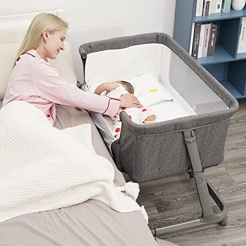 Pamo Babe Bedside Bassinet for Baby, Portable Bassinet with Wheels Baby Bedside Sleeper, 6 Height Adjustable Baby Bassinet, Easy to Assemble Bassinet for Infant(Grey)