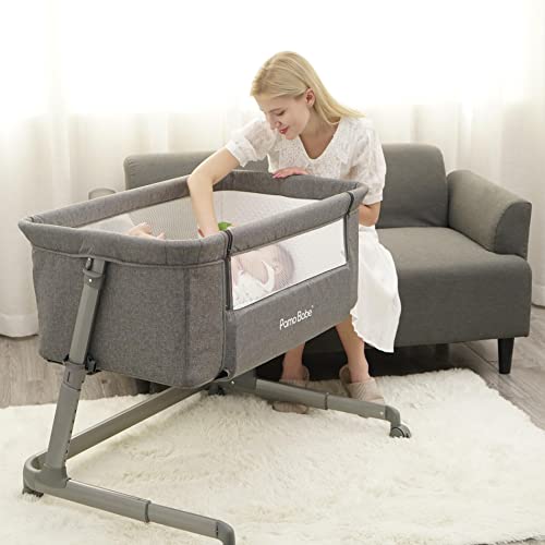 Pamo Babe Bedside Bassinet for Baby, Portable Bassinet with Wheels Baby Bedside Sleeper, 6 Height Adjustable Baby Bassinet, Easy to Assemble Bassinet for Infant(Grey)