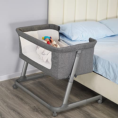 Pamo Babe Bedside Bassinet for Baby, Portable Bassinet with Wheels Baby Bedside Sleeper, 6 Height Adjustable Baby Bassinet, Easy to Assemble Bassinet for Infant(Grey)