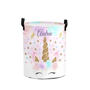 sunfancy unicorn floral star personalized laundry basket clothes hamper with handles waterproof,custom collapsible laundry storage baskets for bedroom,bathroom decorative large capacity, one size