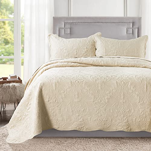 HoneiLife Oversized Bedspread Quilt Sets - 3 Piece California King Quilt Microfiber Bedspreads Reversible Coverlets Lightweight Bed Cover Paisley Bedding Sets All Season Quilts-111 x106,Beige