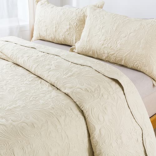 HoneiLife Oversized Bedspread Quilt Sets - 3 Piece California King Quilt Microfiber Bedspreads Reversible Coverlets Lightweight Bed Cover Paisley Bedding Sets All Season Quilts-111 x106,Beige