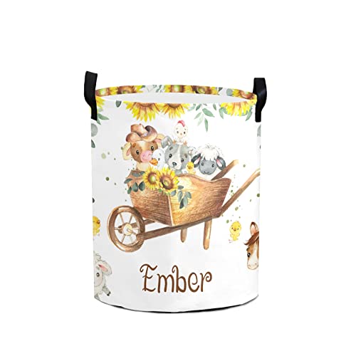 Sunflower Farm Animals Personalized Laundry Basket Clothes Hamper with Handles Waterproof,Custom Collapsible Laundry Storage Baskets for Bedroom,Bathroom Decorative Large Capacity