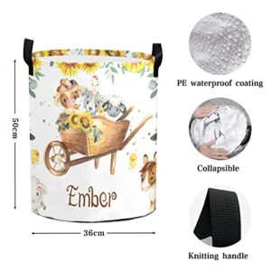 Sunflower Farm Animals Personalized Laundry Basket Clothes Hamper with Handles Waterproof,Custom Collapsible Laundry Storage Baskets for Bedroom,Bathroom Decorative Large Capacity