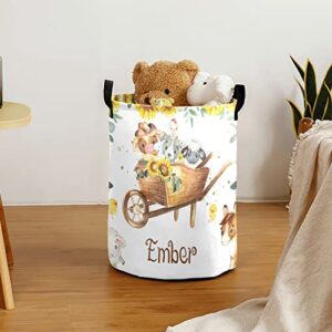 Sunflower Farm Animals Personalized Laundry Basket Clothes Hamper with Handles Waterproof,Custom Collapsible Laundry Storage Baskets for Bedroom,Bathroom Decorative Large Capacity