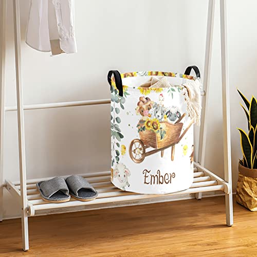 Sunflower Farm Animals Personalized Laundry Basket Clothes Hamper with Handles Waterproof,Custom Collapsible Laundry Storage Baskets for Bedroom,Bathroom Decorative Large Capacity