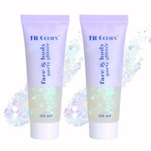 face glitter gel, 2 jars holographic chunky glitter makeup for body, hair, face, nail, eyeshadow, long lasting and waterproof mermaid sequins liquid glitter total 6 colors available (#6, white, 2pcs)