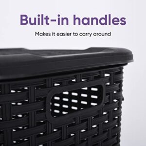 Plastic Corner Laundry Hamper with Lid, Curved Designed Laundry Basket, 2 Pack Triangle Black Cloths Hamper Organizer with Cut-out Handles for Laundry Room Bedroom Bathroom, Wicker Design, 50 Liter