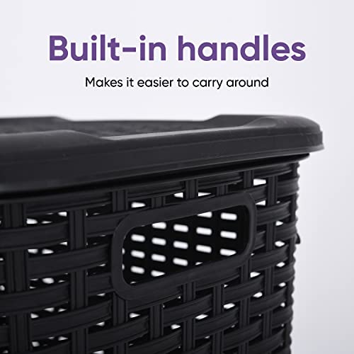 Plastic Corner Laundry Hamper with Lid, Curved Designed Laundry Basket, 2 Pack Triangle Black Cloths Hamper Organizer with Cut-out Handles for Laundry Room Bedroom Bathroom, Wicker Design, 50 Liter