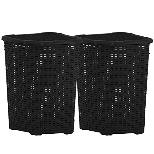 Plastic Corner Laundry Hamper with Lid, Curved Designed Laundry Basket, 2 Pack Triangle Black Cloths Hamper Organizer with Cut-out Handles for Laundry Room Bedroom Bathroom, Wicker Design, 50 Liter