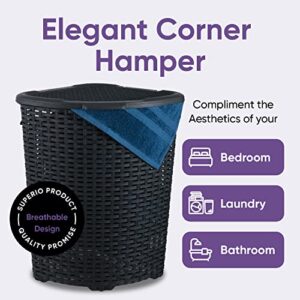 Plastic Corner Laundry Hamper with Lid, Curved Designed Laundry Basket, 2 Pack Triangle Black Cloths Hamper Organizer with Cut-out Handles for Laundry Room Bedroom Bathroom, Wicker Design, 50 Liter