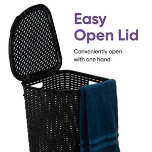 Plastic Corner Laundry Hamper with Lid, Curved Designed Laundry Basket, 2 Pack Triangle Black Cloths Hamper Organizer with Cut-out Handles for Laundry Room Bedroom Bathroom, Wicker Design, 50 Liter