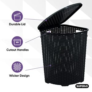 Plastic Corner Laundry Hamper with Lid, Curved Designed Laundry Basket, 2 Pack Triangle Black Cloths Hamper Organizer with Cut-out Handles for Laundry Room Bedroom Bathroom, Wicker Design, 50 Liter