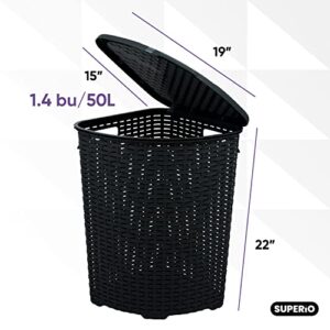 Plastic Corner Laundry Hamper with Lid, Curved Designed Laundry Basket, 2 Pack Triangle Black Cloths Hamper Organizer with Cut-out Handles for Laundry Room Bedroom Bathroom, Wicker Design, 50 Liter