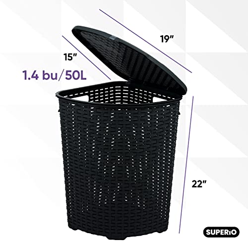 Plastic Corner Laundry Hamper with Lid, Curved Designed Laundry Basket, 2 Pack Triangle Black Cloths Hamper Organizer with Cut-out Handles for Laundry Room Bedroom Bathroom, Wicker Design, 50 Liter