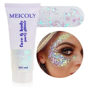 meicoly white body glitter,singer concerts music festival rave accessories,mermaid face glitter gel,sequins glitter face paint,chunky glitter for eye lip hair,sparkling holographic gel for women,50ml