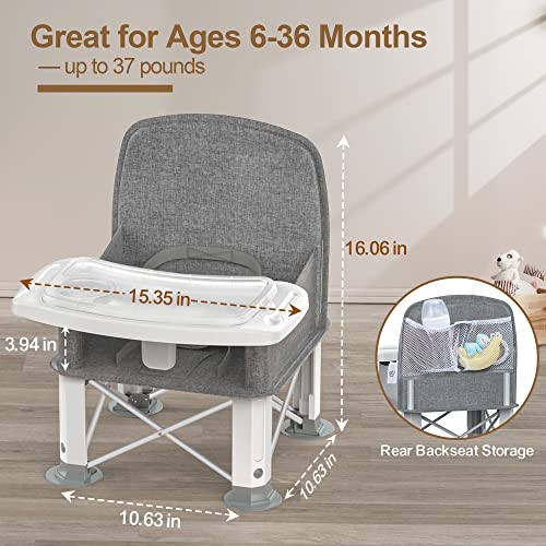 Baby Travel Booster Seat with Double Tray, BabyBond Upgraded Toddler Portable Baby Chair, Booster Seat for Dining Table, Stable and Foldable Booster Baby Chair for Indoor/Outdoor (Grey)