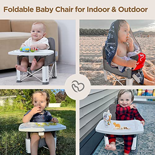 Baby Travel Booster Seat with Double Tray, BabyBond Upgraded Toddler Portable Baby Chair, Booster Seat for Dining Table, Stable and Foldable Booster Baby Chair for Indoor/Outdoor (Grey)