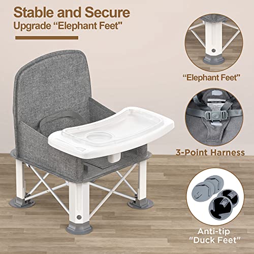 Baby Travel Booster Seat with Double Tray, BabyBond Upgraded Toddler Portable Baby Chair, Booster Seat for Dining Table, Stable and Foldable Booster Baby Chair for Indoor/Outdoor (Grey)