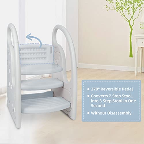 Toddler 3 Step Stool Onasti Kids Standing Tower for Toddlers Plastic Learning Helper Stool for Kitchen Counter Bathroom Sink Toilet Potty Training with Handles and Non-Slip Pads-Grey White