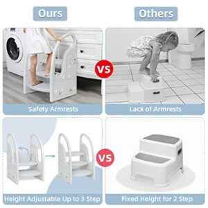 Toddler 3 Step Stool Onasti Kids Standing Tower for Toddlers Plastic Learning Helper Stool for Kitchen Counter Bathroom Sink Toilet Potty Training with Handles and Non-Slip Pads-Grey White