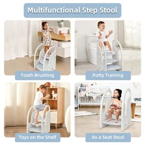 Toddler 3 Step Stool Onasti Kids Standing Tower for Toddlers Plastic Learning Helper Stool for Kitchen Counter Bathroom Sink Toilet Potty Training with Handles and Non-Slip Pads-Grey White