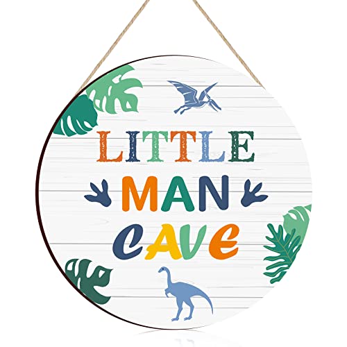 Little Man Cave Wooden Sign Dinosaur Quote Wood Plaque Nursery Hanging Wall Art Decor for Kids Toddler Boys Bedroom Playroom Living Room Decorations