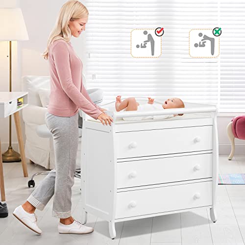 Costzon 3-Drawer Changing Table, Infant Diaper Changing Station with Drawers, Safety Rails & Strap, Baby Changing Table Dresser for Nursery, Easy Assembly (White)