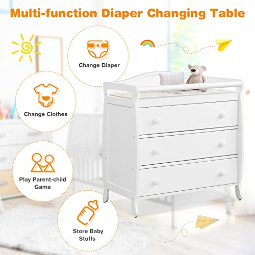 Costzon 3-Drawer Changing Table, Infant Diaper Changing Station with Drawers, Safety Rails & Strap, Baby Changing Table Dresser for Nursery, Easy Assembly (White)