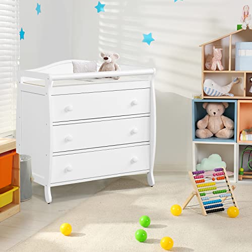 Costzon 3-Drawer Changing Table, Infant Diaper Changing Station with Drawers, Safety Rails & Strap, Baby Changing Table Dresser for Nursery, Easy Assembly (White)