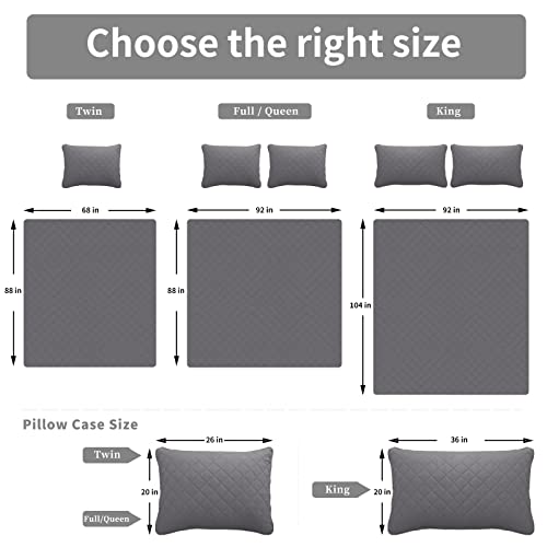 Easy-Going Full/Queen Size Reversible Quilt Set with 1 Quilt and 2 Pillow Shams, Soft Bed Quilt Cover, Lightweight Microfiber Bedspread, Water and Stain Resistant, Gray/Light Gray