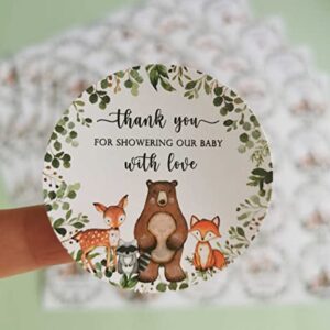 80 Woodland Thank You Favor Stickers, 2" Forest Animals Baby Shower Stickers, Woodland Baby Shower Party Decorations