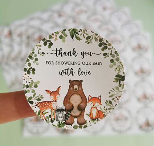 80 Woodland Thank You Favor Stickers, 2" Forest Animals Baby Shower Stickers, Woodland Baby Shower Party Decorations