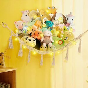 stuffed animal hammock, 55inch hand-woven toy hammock boho tassel macrame with star light string corner hanging organizer storage plush toys net holder for nursery play room kids bedroom decoration