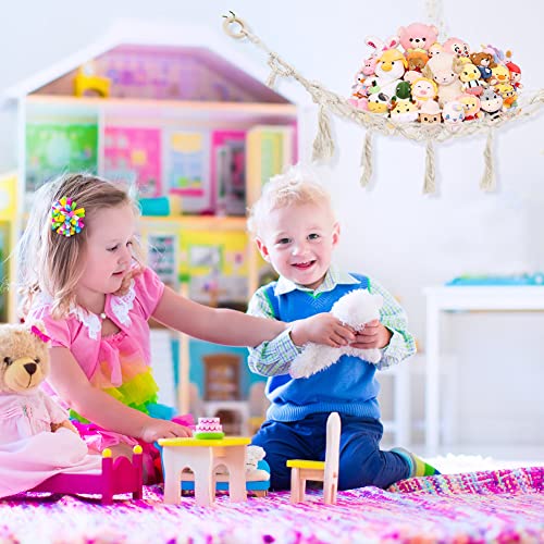 Stuffed Animal Hammock, 55inch Hand-Woven Toy Hammock Boho Tassel Macrame with Star Light String Corner Hanging Organizer Storage Plush Toys Net Holder for Nursery Play Room Kids Bedroom Decoration